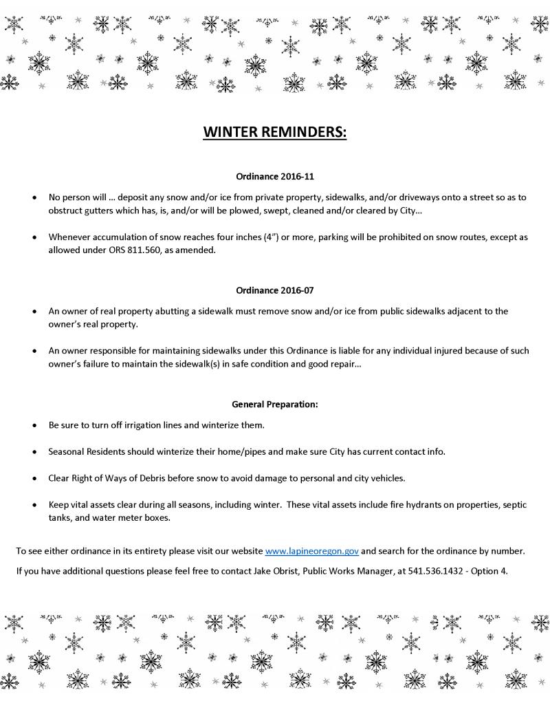 Winter Reminders - Sidewalks & Plow Routes | City of La Pine Oregon